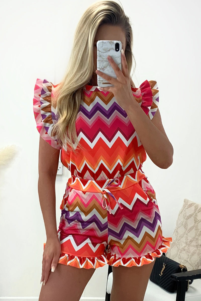 Amira Pink Zig Zag Print Frill Top and Shorts Co-Ord Set – LASULA