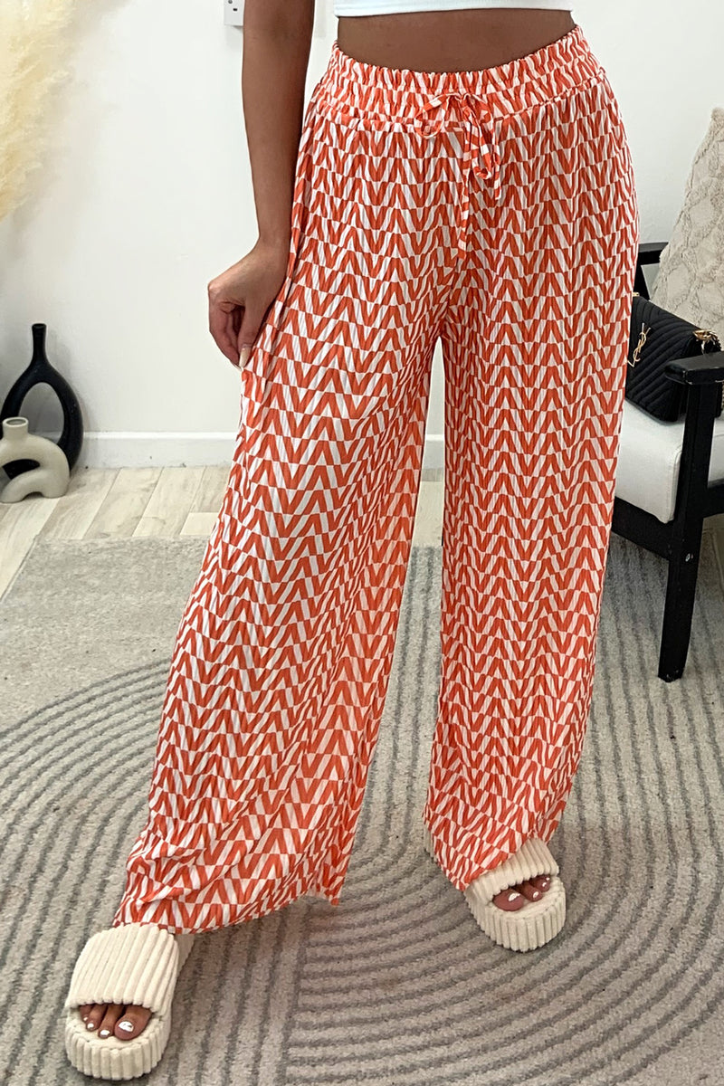 Avaa Orange and White Plisse Patterned Wide Leg Trousers – LASULA