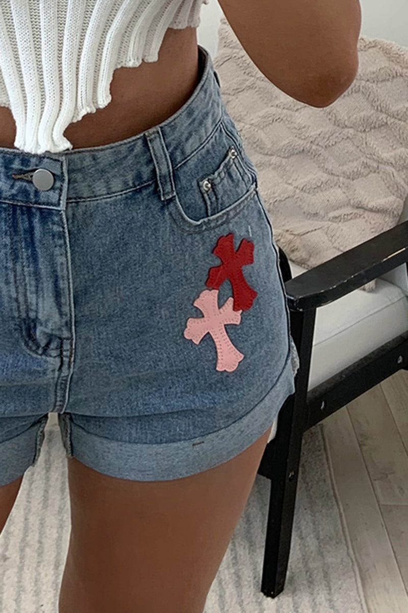 Nikki Blue Denim Gothic Cross Patch Denim Shorts – LASULA