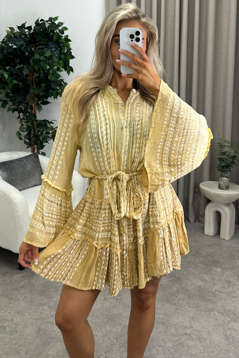 Tamsin Yellow and Orange Ombre Bell Sleeve Tie Shirt Dress – LASULA