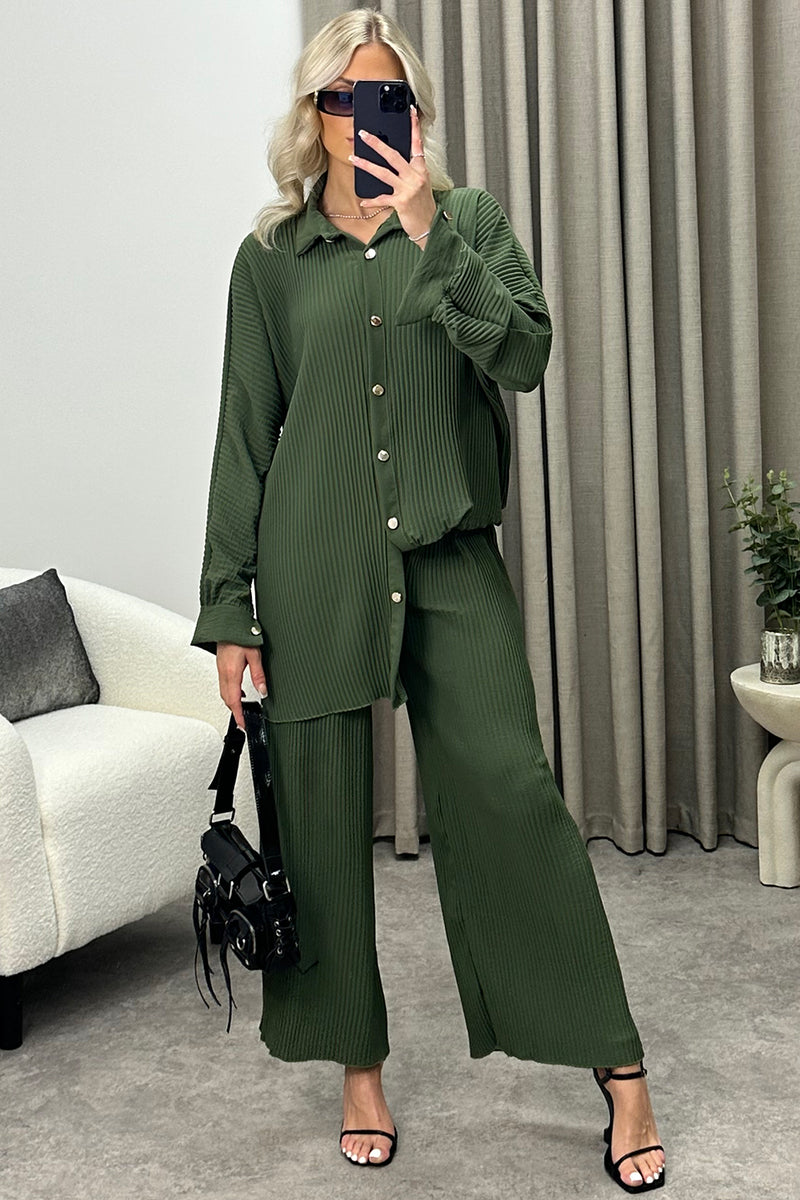 Marlee Khaki Plisse Pleated Shirt and Trousers Co-Ord Set – LASULA