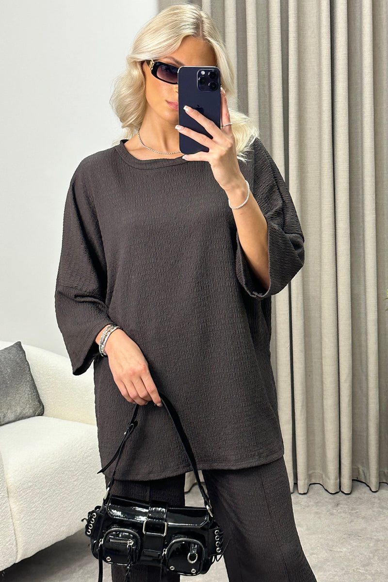 Hutton Grey Textured Oversized Top and Wide Leg Trousers Co-Ord Set ...