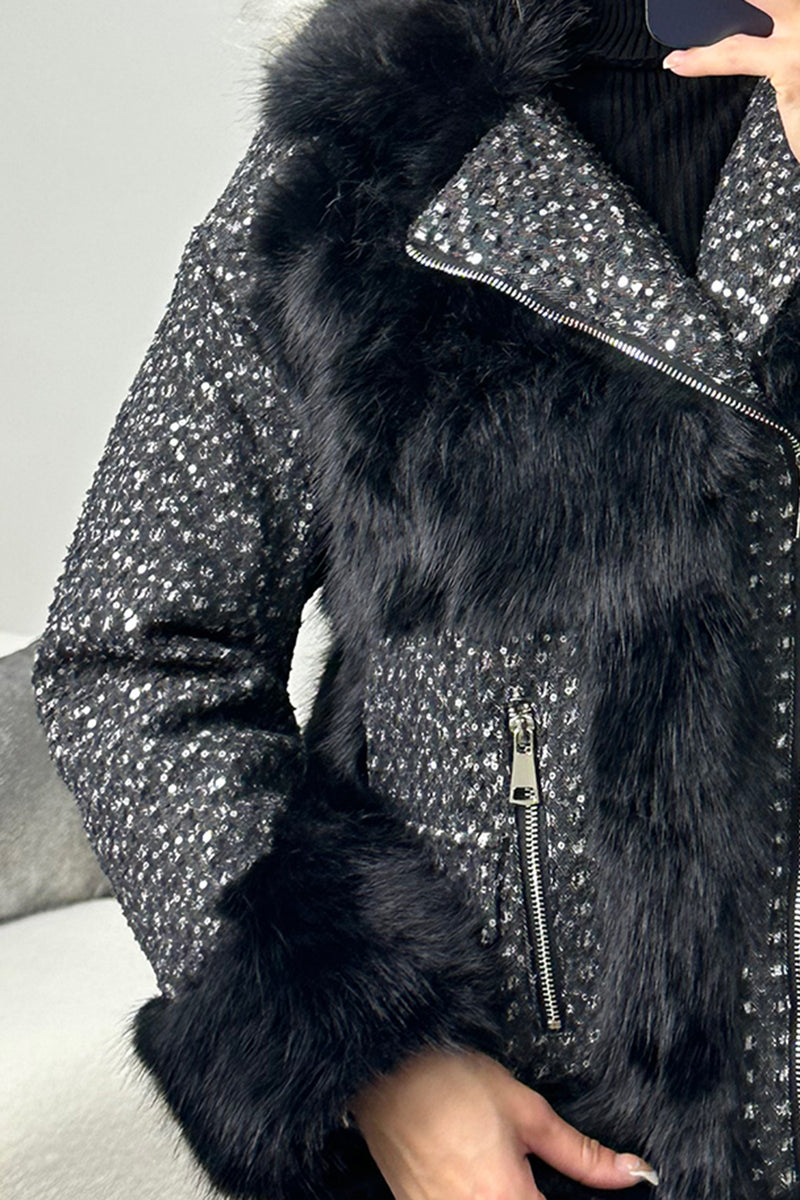 Colleen Black Embellished Faux Fur Denim Biker Jacket – LASULA