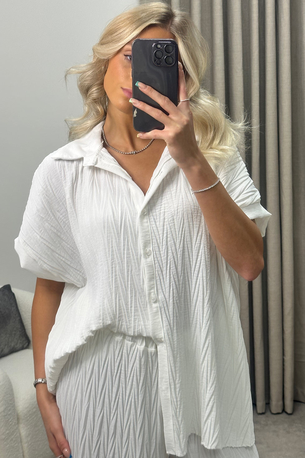 Krystal White Textured Oversized Button Up Shirt and Trousers Co-Ord S ...