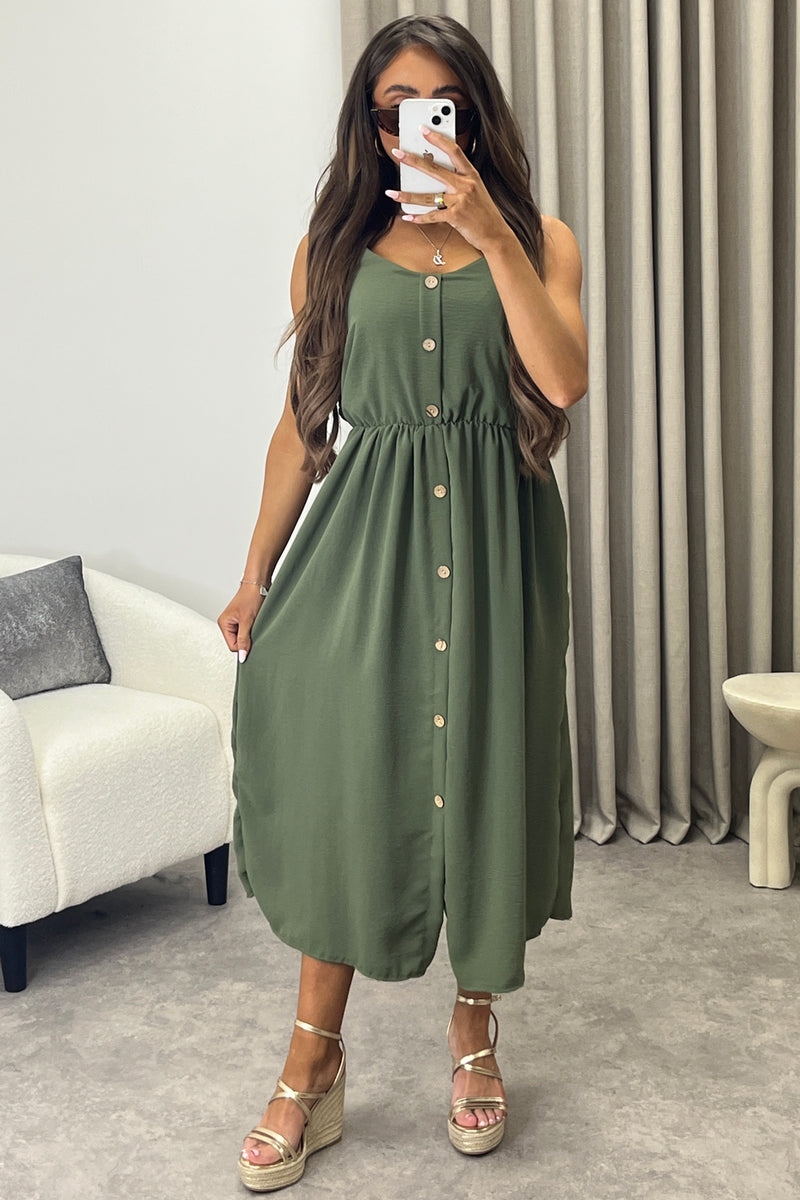 Leonia Khaki Button Detail Sleeveless Maxi Dress – LASULA