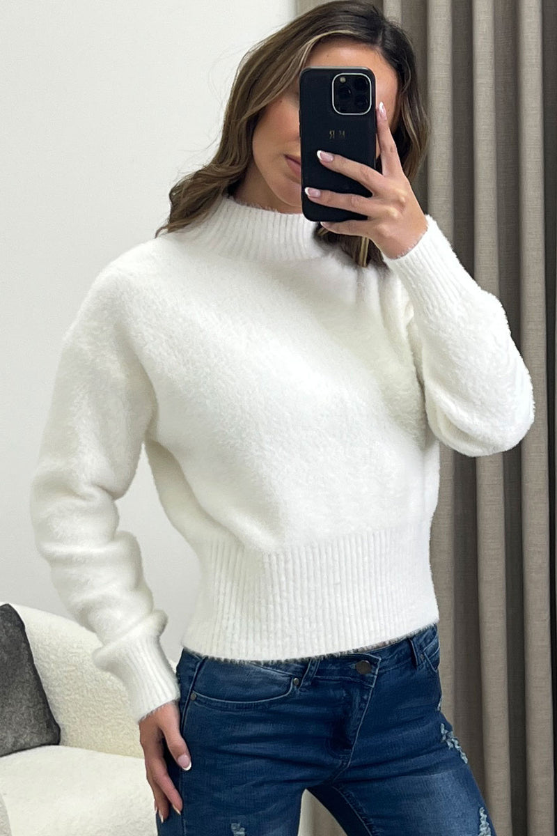 Carie Cream Faux Fur High Neck Knit Jumper – LASULA
