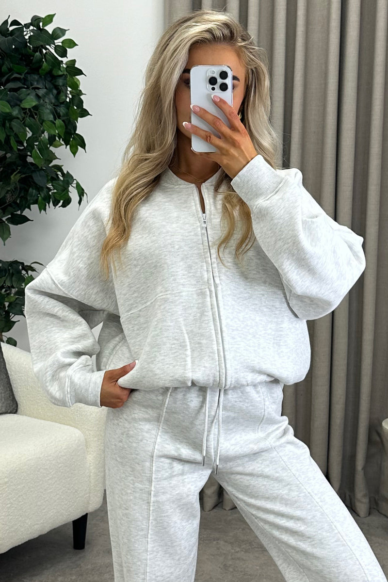 Emellie Grey Seam Front Zip Up Bomber Jacket and Joggers Tracksuit Set ...