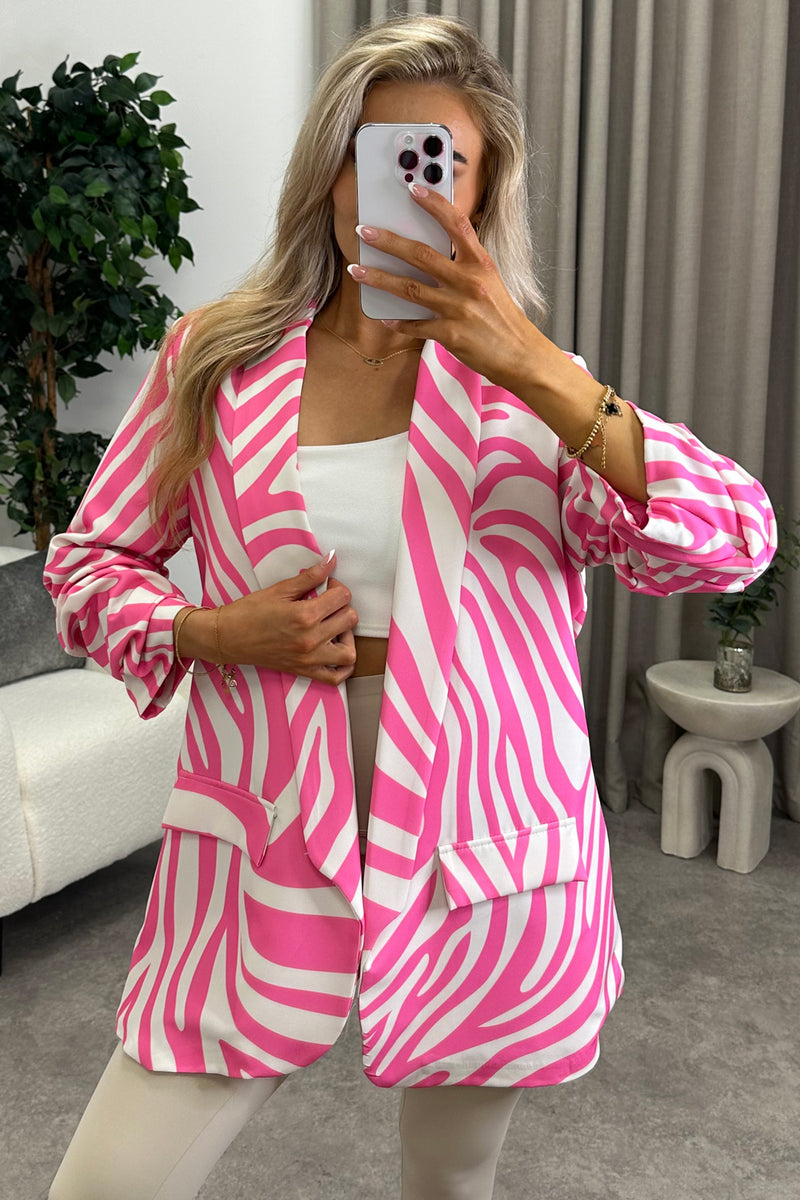 Ariella Pink Zebra Print Ruched Sleeve Oversized Blazer – LASULA