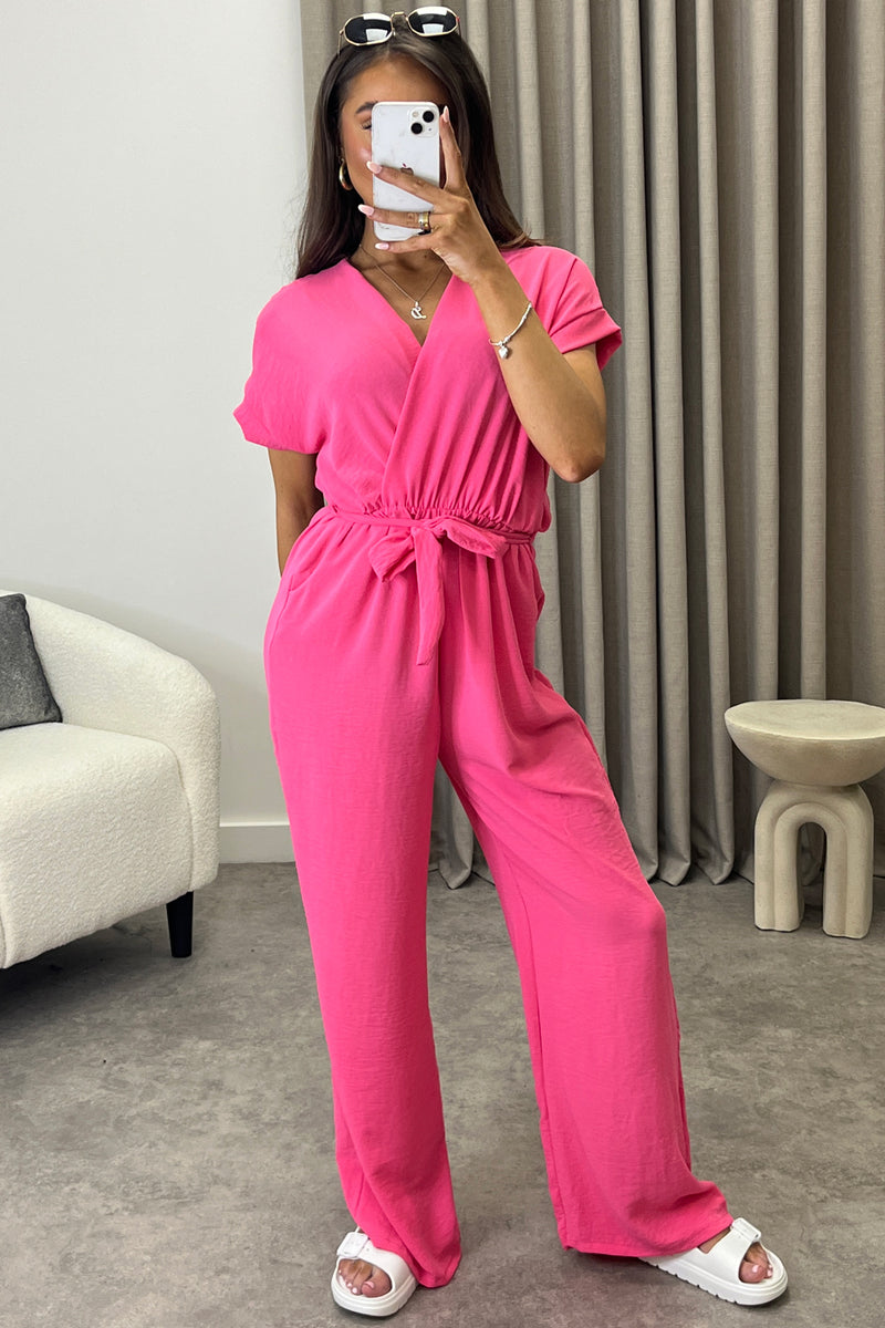 Anny Neon Pink Short Sleeve V Neck Plunge Belted Jumpsuit – LASULA