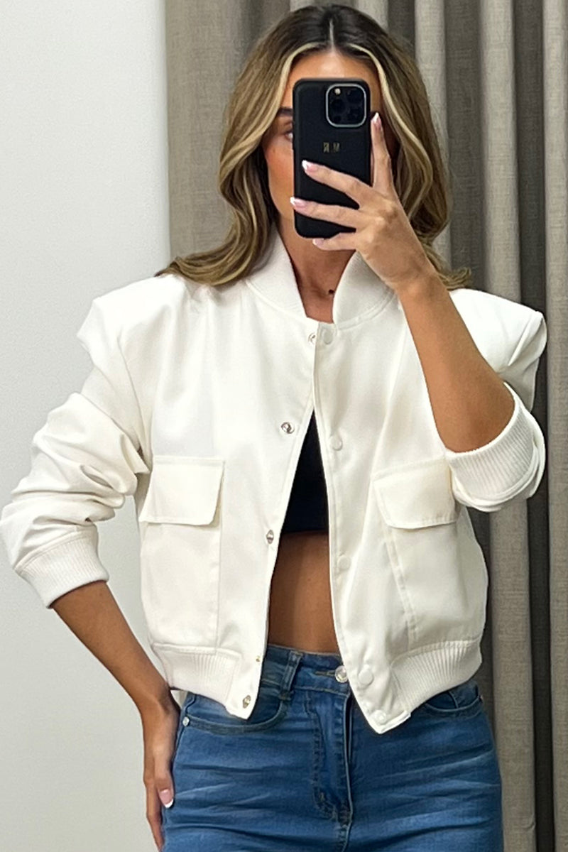 Kienna White Pocket Detail Cropped Cargo Bomber Jacket – LASULA