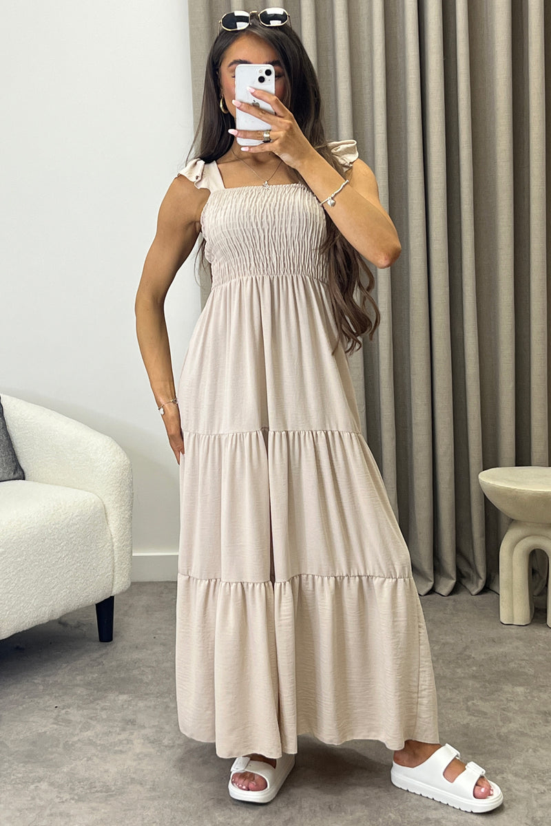 Natasha Beige Frill Sleeve Shirred Tiered Maxi Dress – LASULA