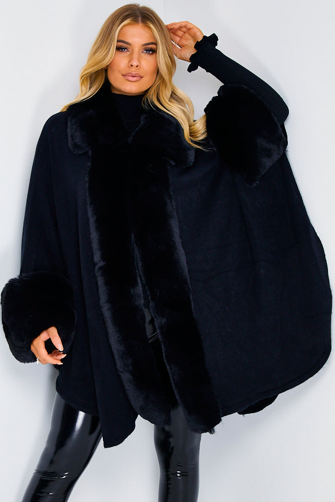 Black Faux Fur Waterfall Cape – LASULA