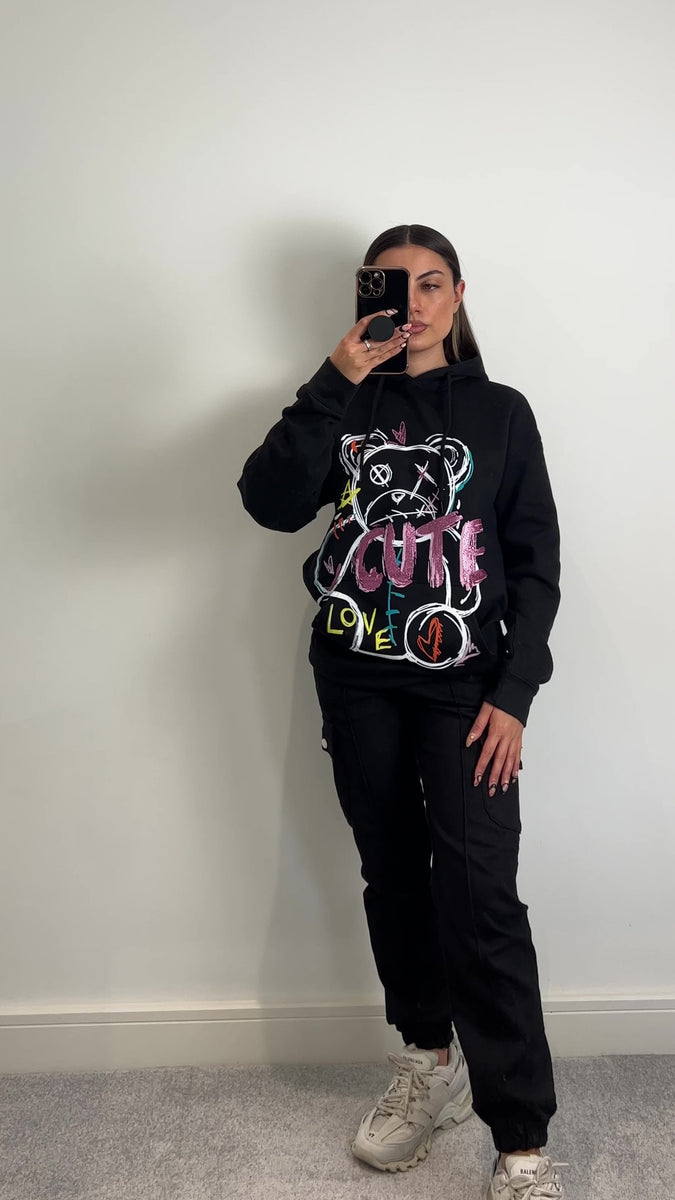 Kenzie Black Cute Teddy Graphic Print Oversized Hoodie – LASULA