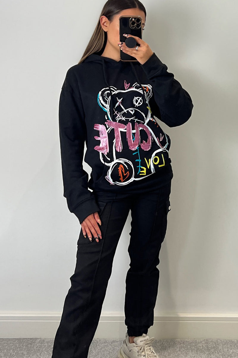 Kenzie Black Cute Teddy Graphic Print Oversized Hoodie – LASULA