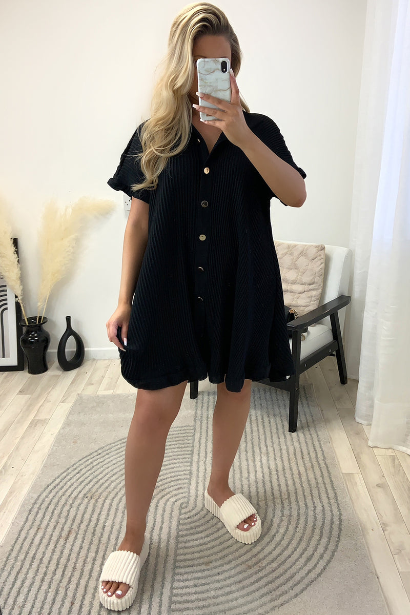 Justine Black Plisse Pleated Frill Hem Shirt Dress – LASULA