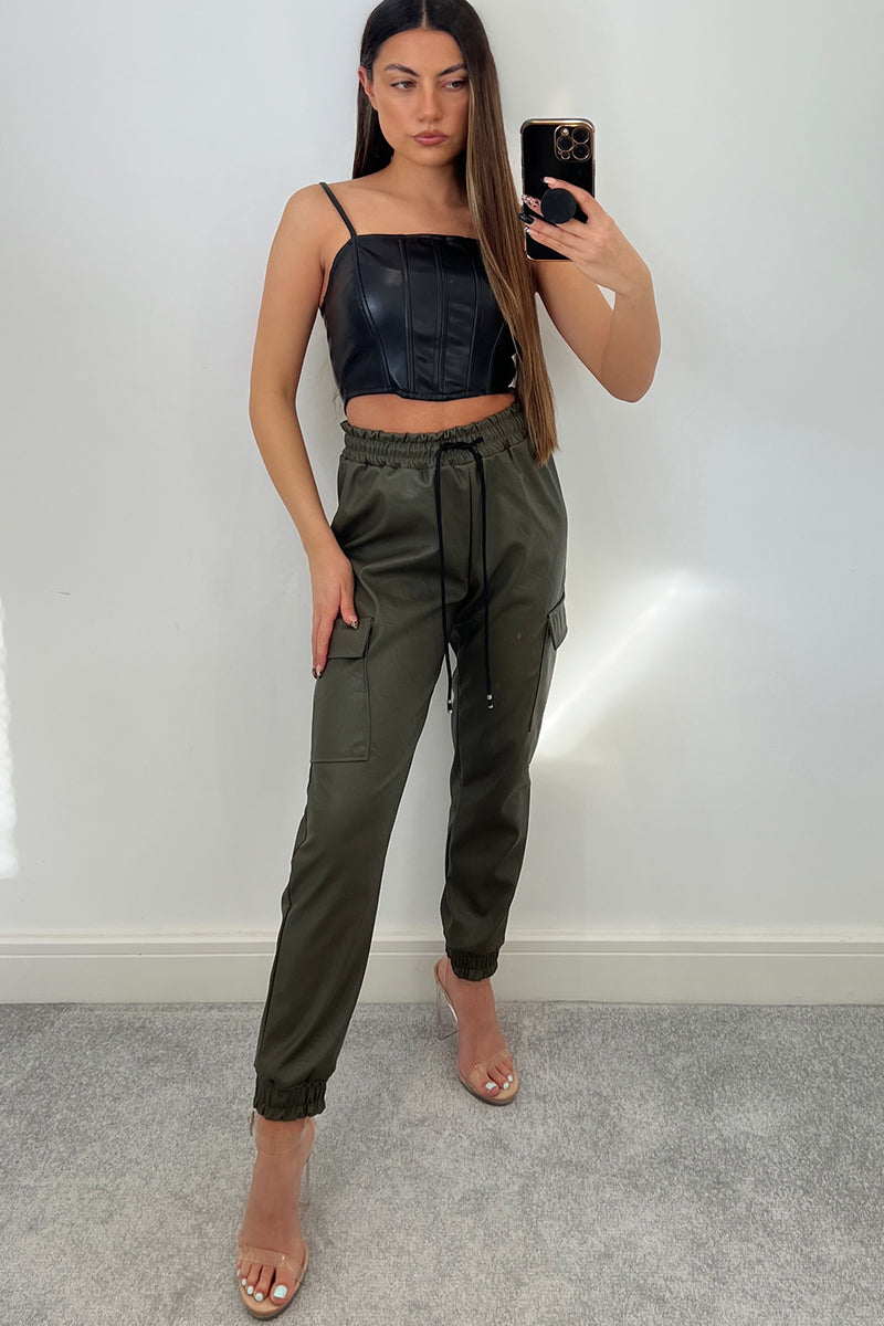 Maia Khaki PU Faux Leather Cargo Joggers – LASULA