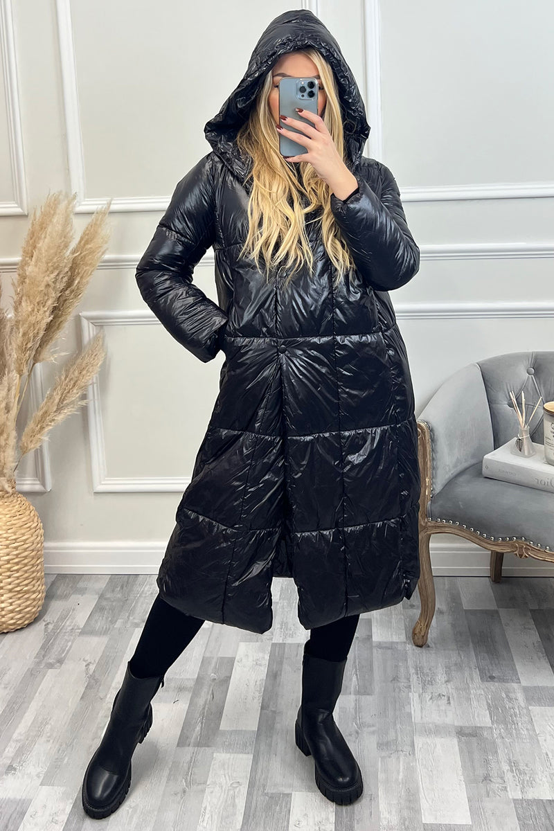 Janelle Black High Shine Quilted Longline Padded Coat – LASULA