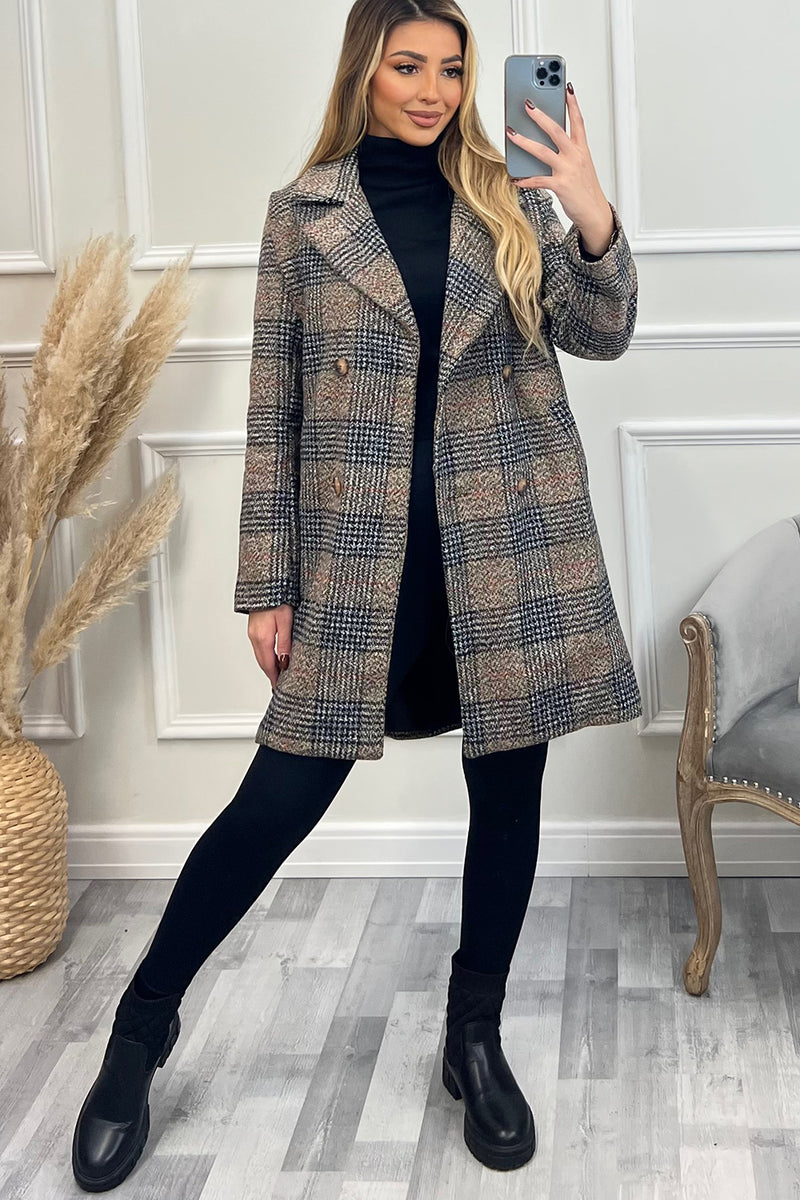Alicia Brown Check Faux Wool Double Breasted Longline Coat – LASULA