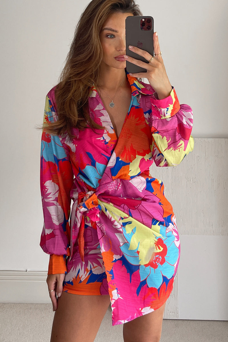 Kaitlyn Pink Multi Floral Print Satin Wrap Dress – LASULA
