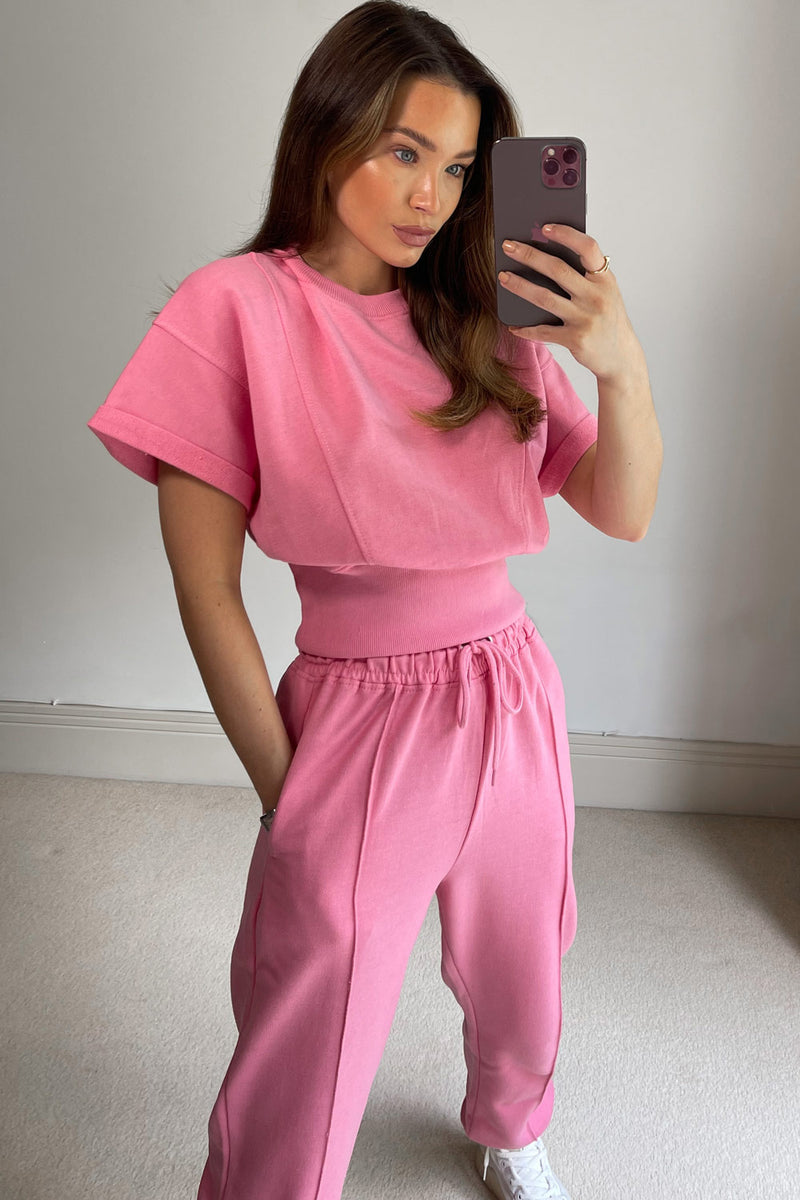 Emma Pink Seam Detail Short Sleeve Top and Joggers Tracksuit Set – LASULA