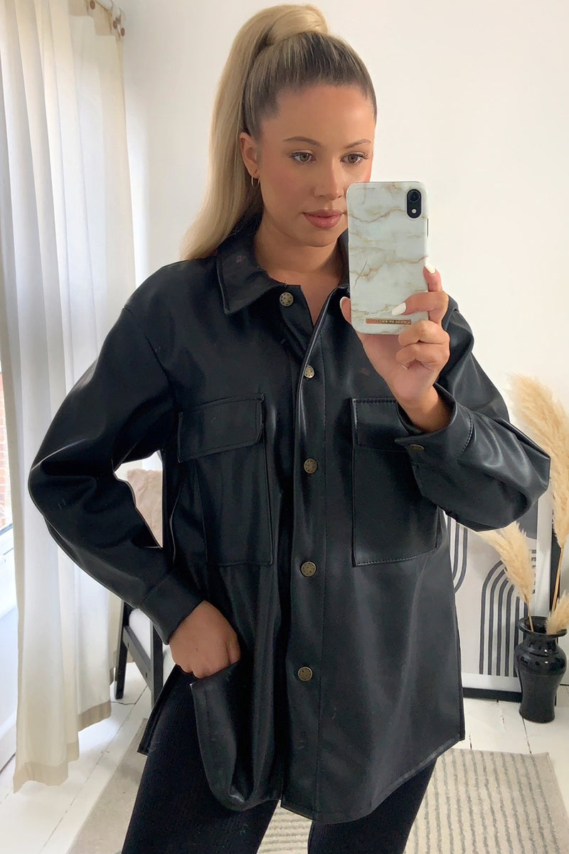 Zahra Black Oversized PU Faux Leather Shirt – LASULA